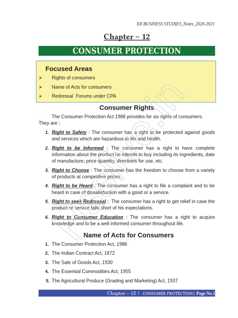 Hsslive-xii-bs-ch-12-sk-Consumer Protection Notes - Focus | PDF