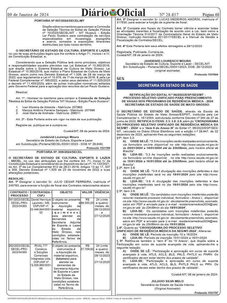 Retificacao Do Edital n006 2023 Esp Ses MT Residencias Medicas Ses 2024 (150 130124 SES MT) . | PDF