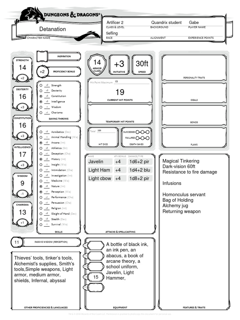 Detanation Character Sheet | PDF | Gary Gygax Games | D20 System