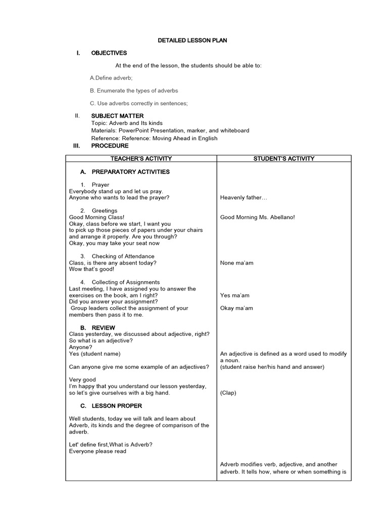 Adverbs Lesson Plan for Teachers | PDF | Adverb | Adjective