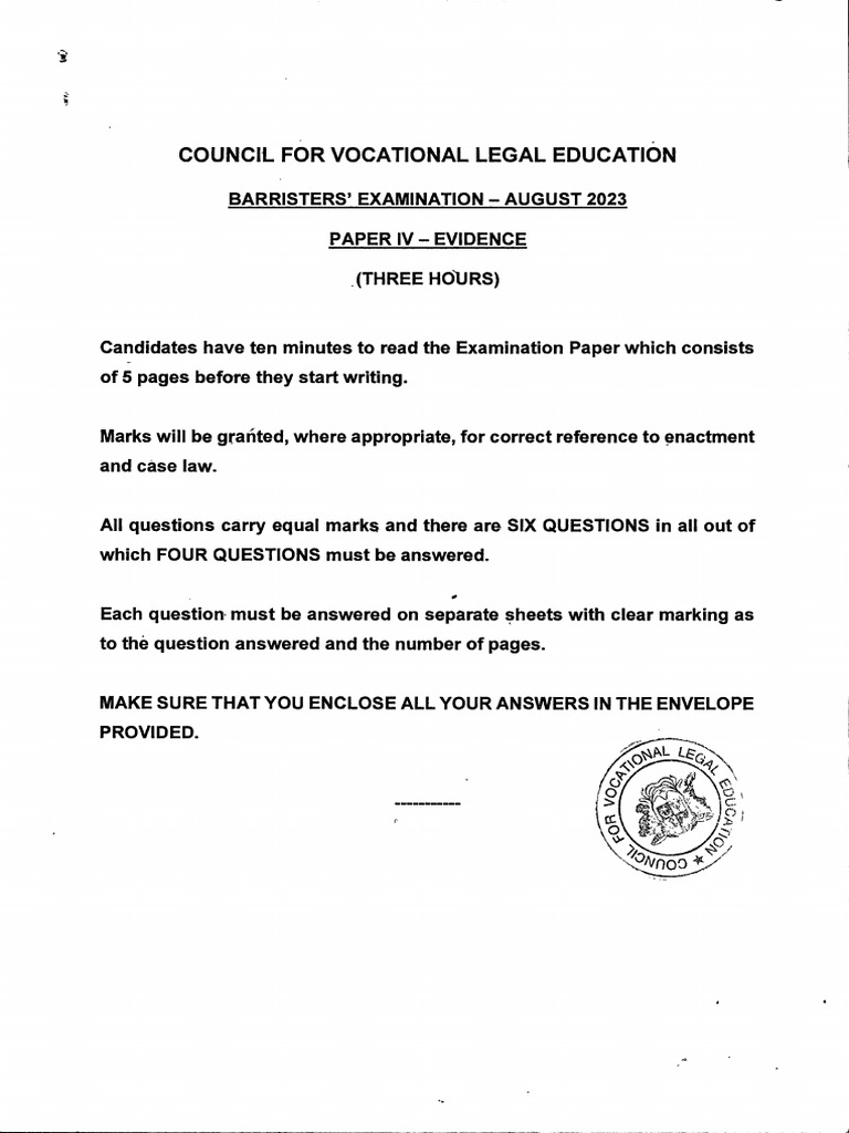 Barristers Examination August 2023 Paper IV Evidence | PDF | Prosecutor ...