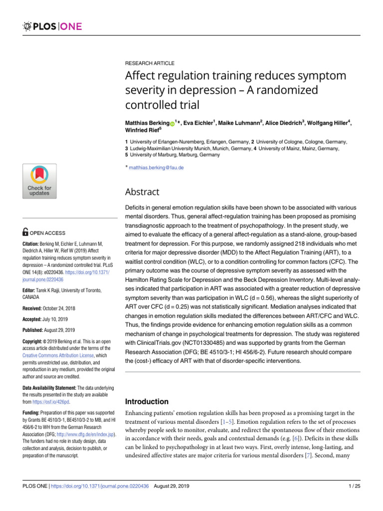 Affect Regulation Training Reduces Symptom Severity in Depression - A ...