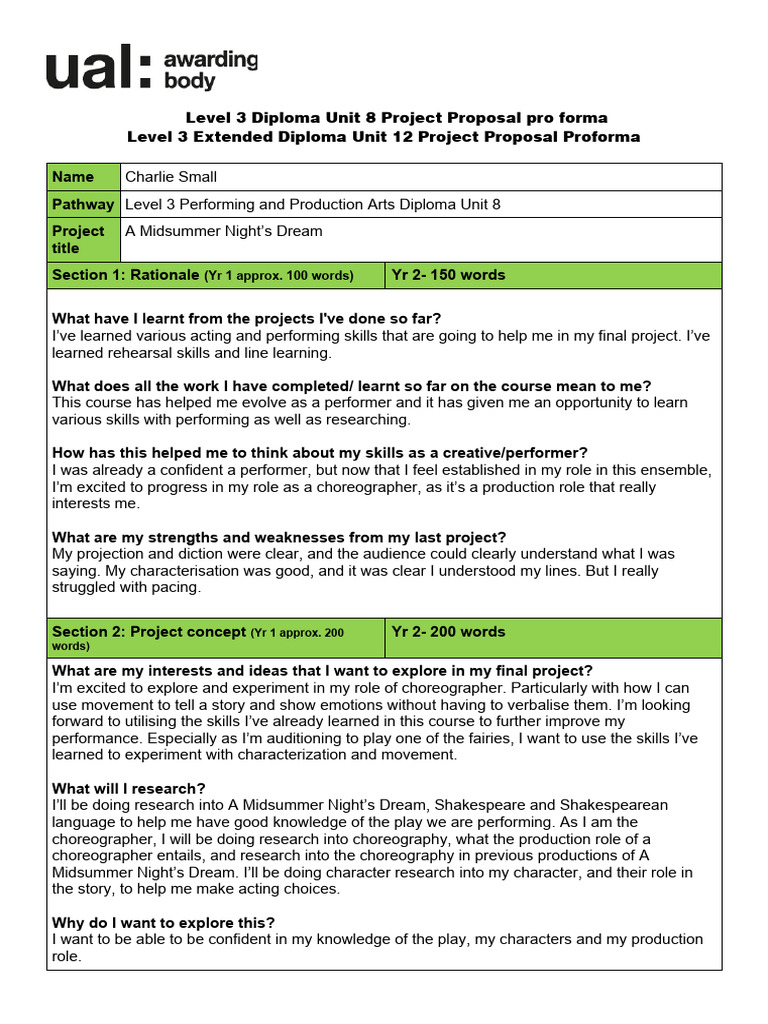 Ual Proposal Action Plan Proforma Charlie Small | Download Free PDF | Choreography | Motivation
