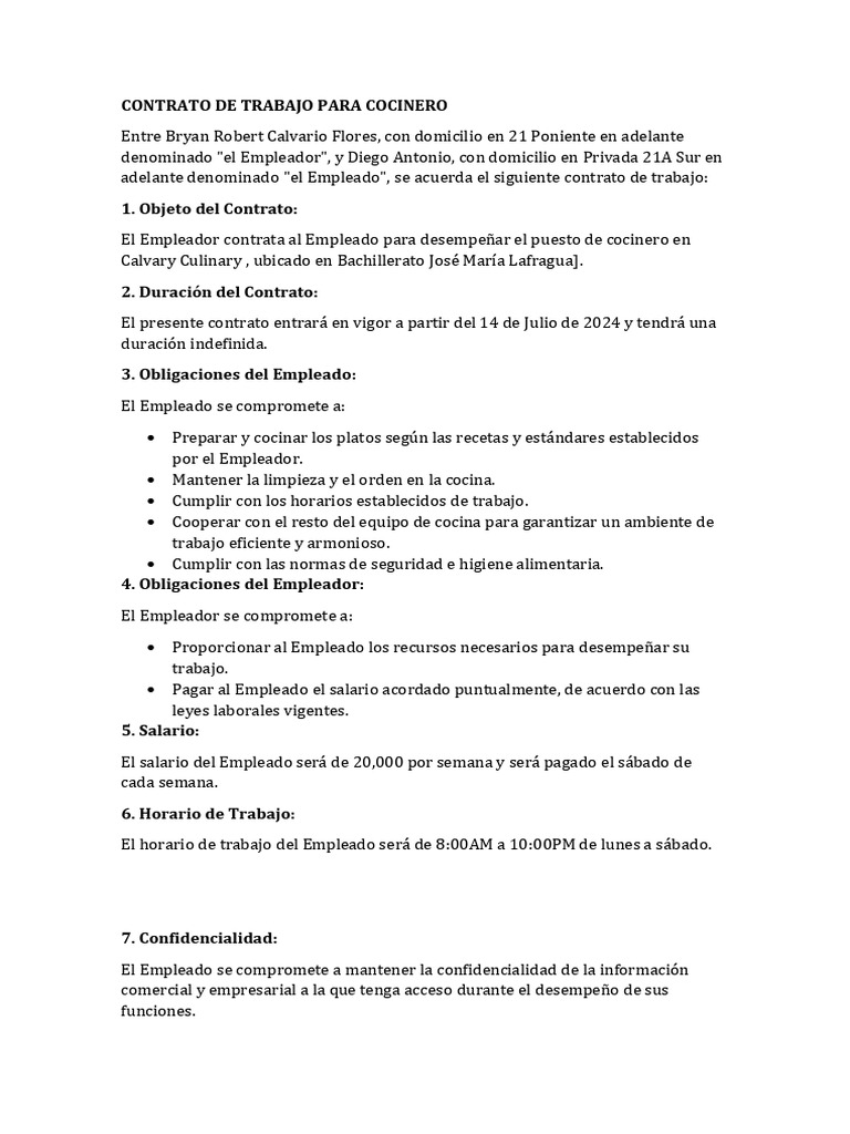 Contrato de Trabajo para Cocinero | PDF