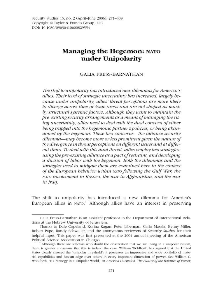 Press-Barnathan Managing The Hegemon NATO Under Unipolarity | PDF ...