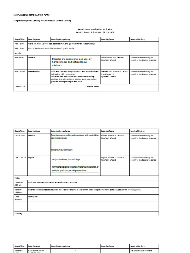 G6 Weekly Home Learning Plans | PDF | Learning | Cognitive Science