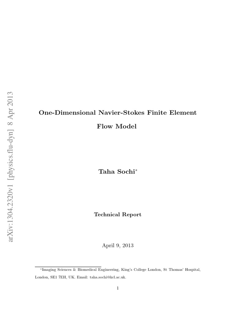 One-Dimensional Navier-Stokes Finite Element Flow Model: Technical Report | Download Free PDF ...