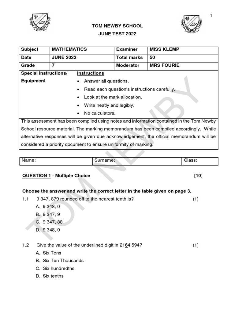 Grade 7 Maths Exam June 2022 | PDF | Multiple Choice | Mathematics