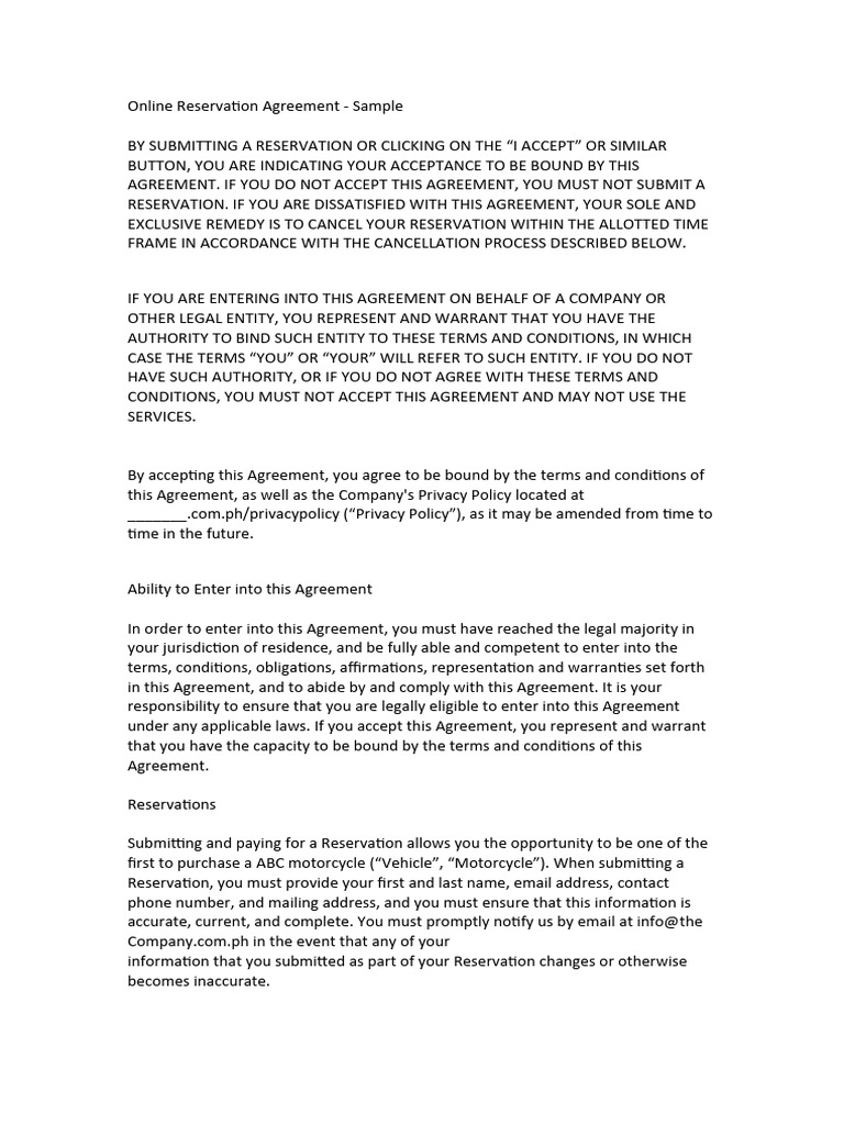 Sample Online Reservation Agreement | PDF | Indemnity | Lawsuit
