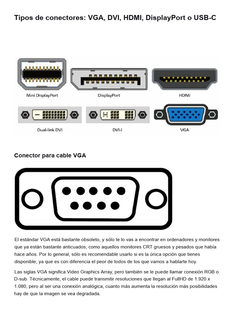 Tipos de Conectores VGA, DVI, HDMI, DisplayPort o USB-C-2 | PDF | Hdmi ...