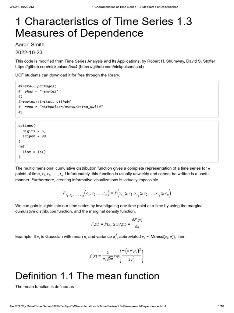 1 Characteristics of Time Series 1.3 Measures of Dependence | PDF ...