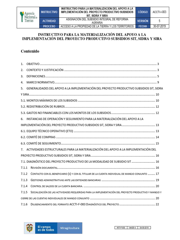 ACCTI I 003 INSTRUCTIVO PARA LA IMPLEMENTACIoN DEL PROYECTO PRODUCTIVO SUBSIDIOS SIT SIDRA y ...