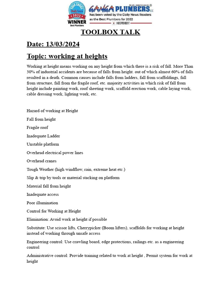 Toolbox Talk | PDF | Scaffolding | Occupational Safety And Health