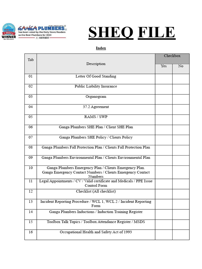 SHEQ FILE Index | PDF