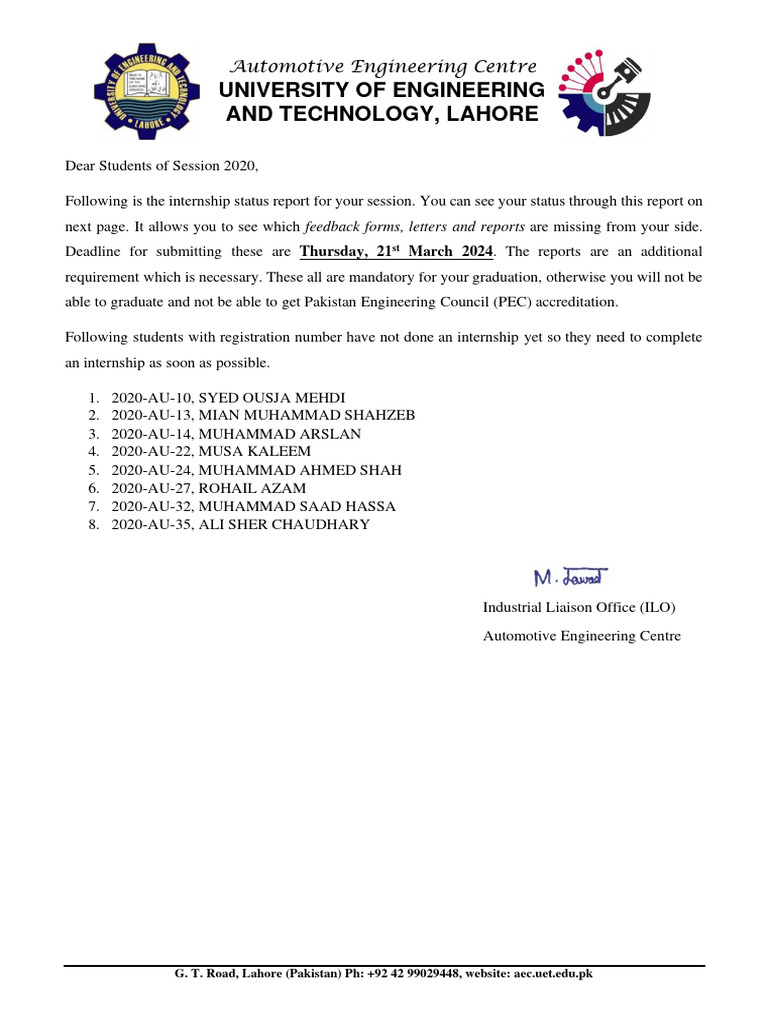 Internship Status Report for 2020 Students | PDF | Pakistan