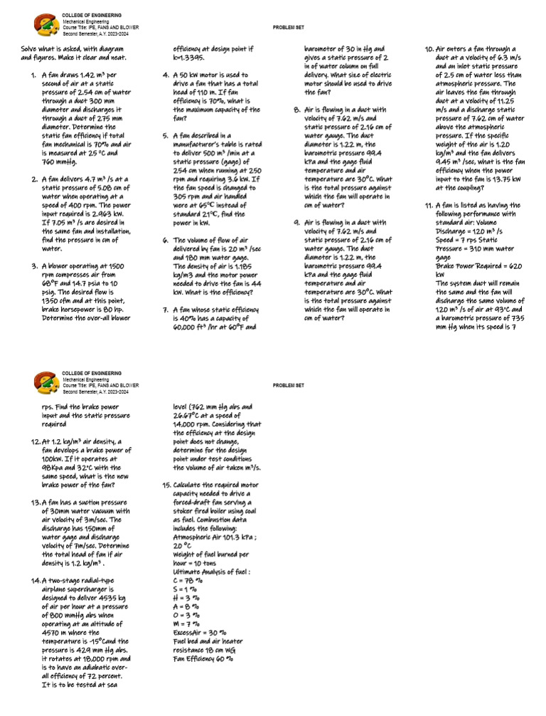 Problem Set Fans and Blower | PDF | Pressure | Mechanical Engineering