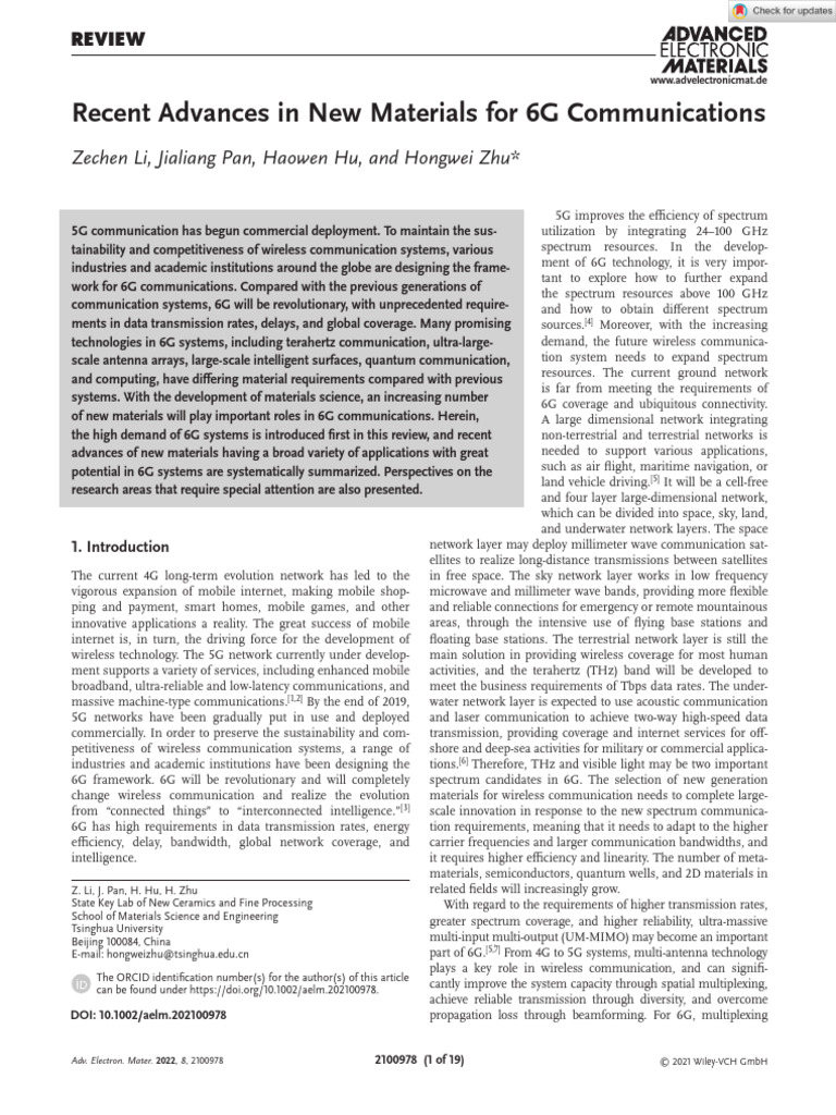 Adv Elect Materials - 2021 - Li - Recent Advances in New Materials For 6G Communications | PDF ...