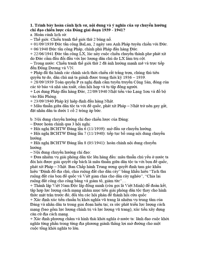 1. Trình bày hoàn cảnh lịch sư, nội dung và ý nghĩa của sự chuyển hướng chỉ đạo chiến lược của ...