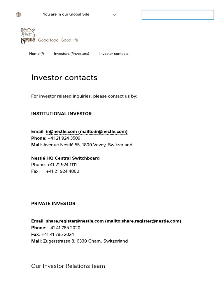 Nestlé Investor Relations Contacts | PDF