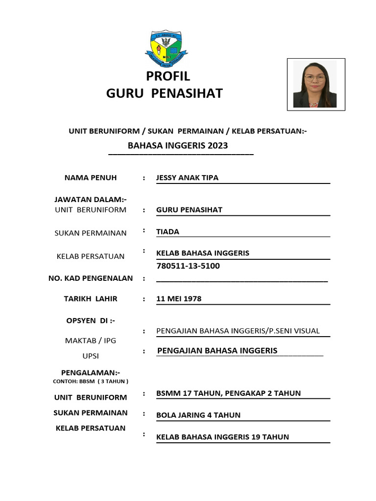 5 Profil Guru Penasihat KELAB BI 2023 JESSY | PDF