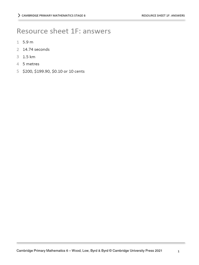 Prim Maths 6 2ed TR Resource Sheet Answers | PDF | Mathematics | Arithmetic