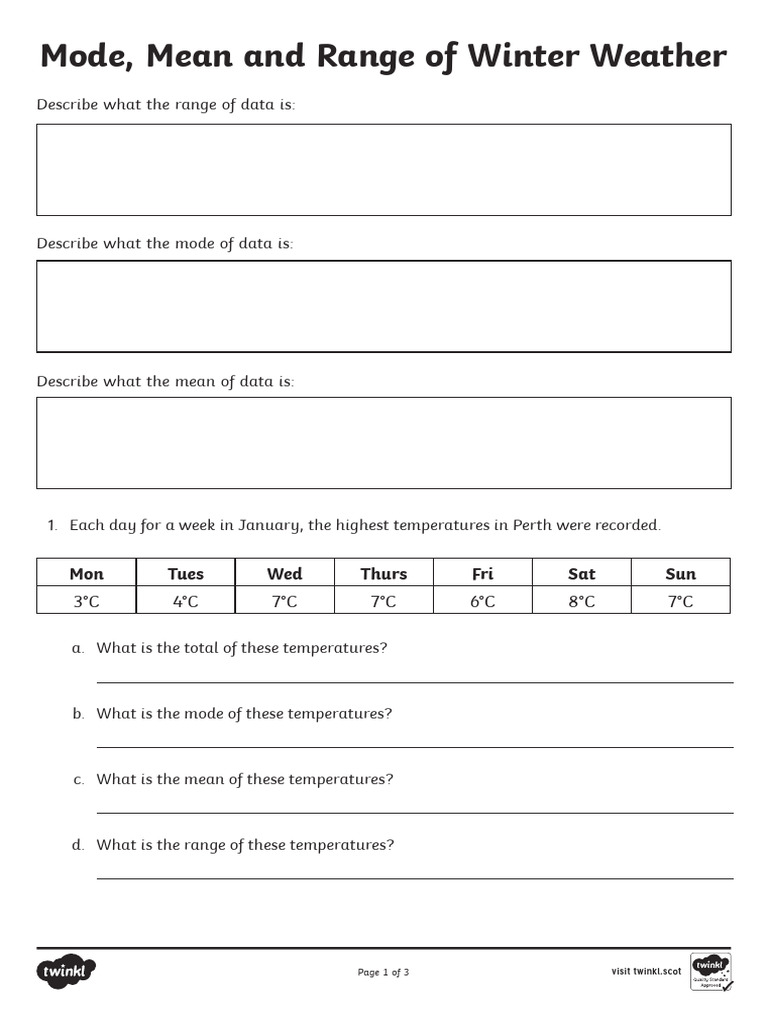 Cfe2 M 234 Mode Mean and Range of Winter Weather Activity Sheet English ...