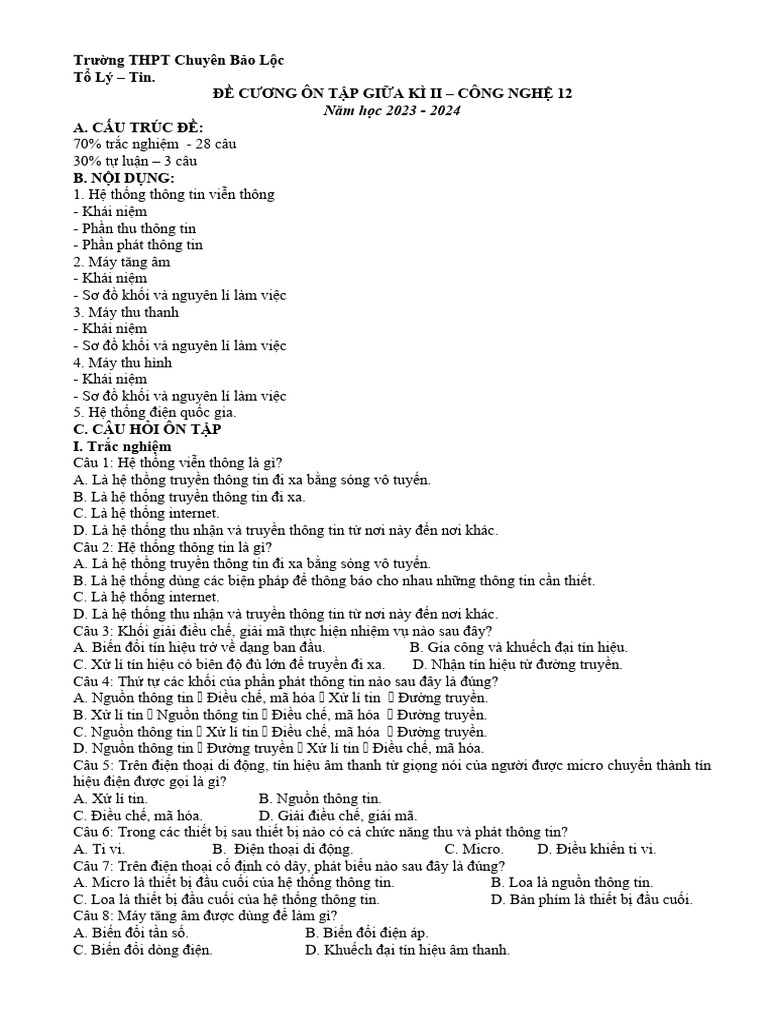 Đề cương giữa kì 2 CN12 | PDF