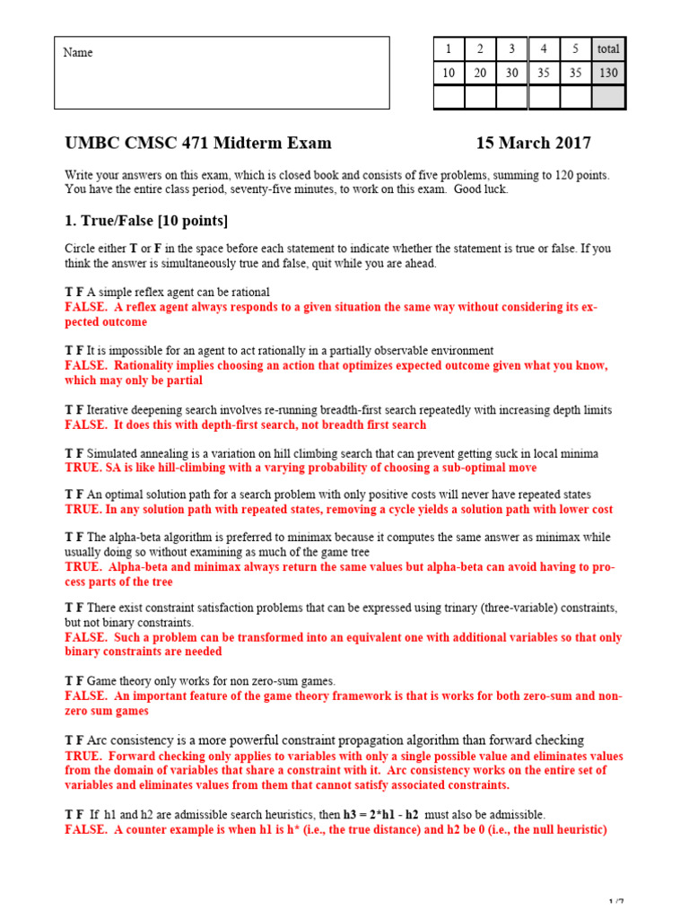 Umbc CMSC 471 Midterm Exam 15 March 2017 | PDF | Discrete Mathematics | Computational Complexity ...