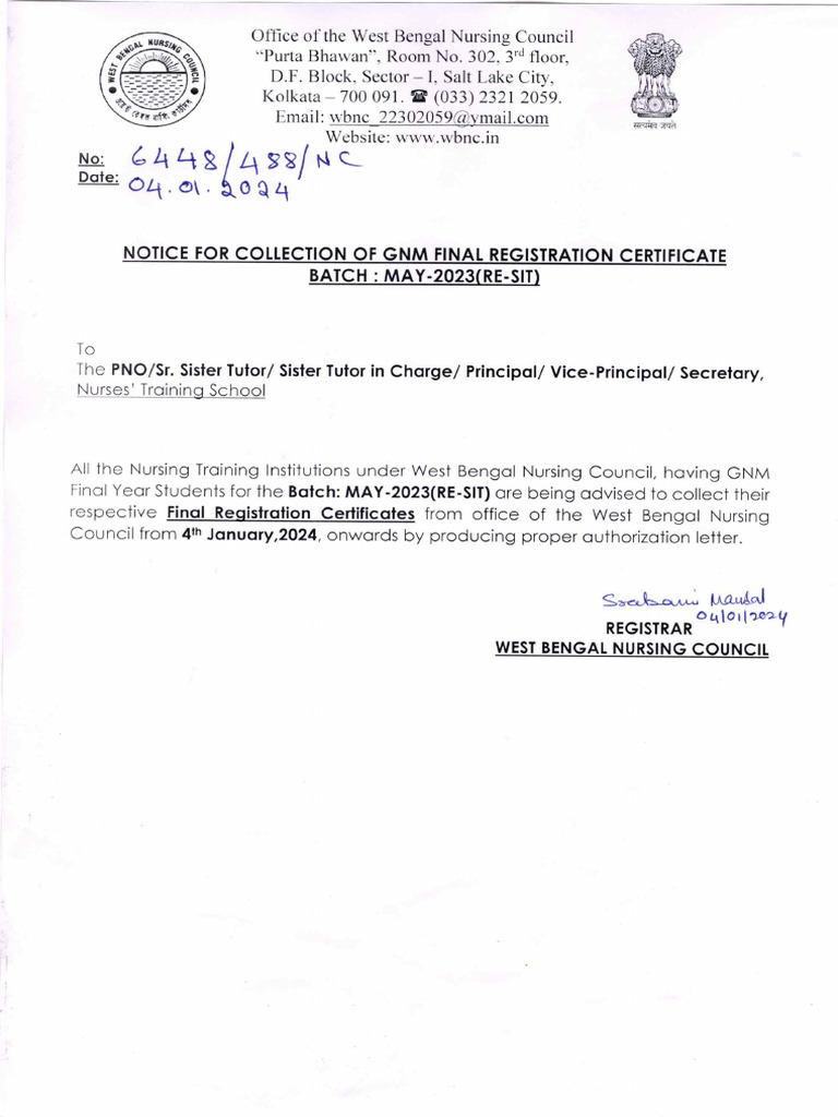Notice For Collection of Final Registration Certificate Batch - May ...