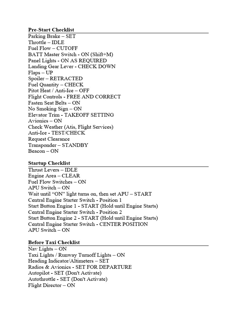 Comprehensive Aircraft Checklist Guide | PDF | Takeoff | Aircraft