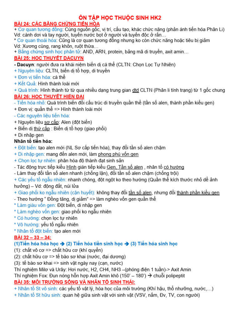 Ôn Tập Học Thuộc Sinh Hk2 | PDF