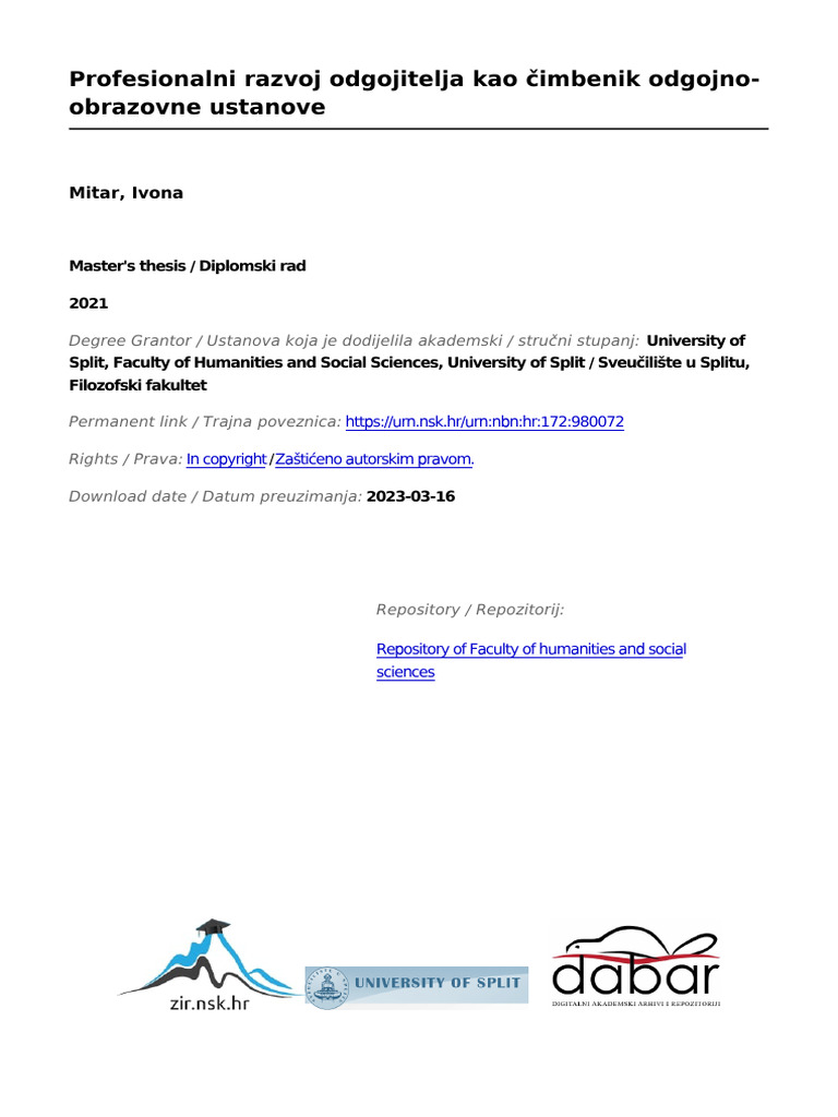 Profesionalni Razvoj Odgojitelja Kao Cimbenik Kvalitete Odgojno ...