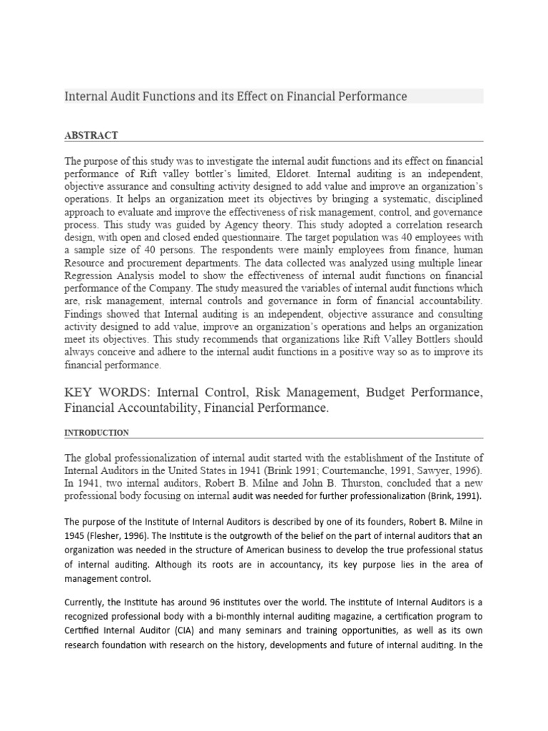 Internal Audit Functions and Its Effect On Financial Performance | PDF | Internal Audit | Audit