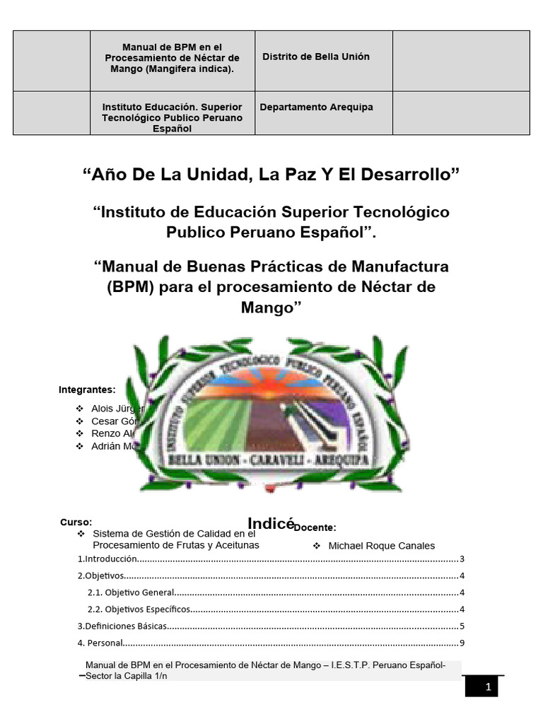 Avance Del BPM en El Procesamiento de Nectar de Mango (Recuperado ...