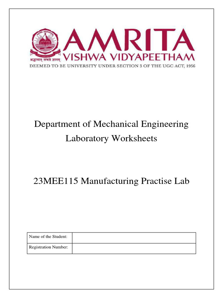 23MEE115 - Manufacturing Practice - Worksheet | PDF | 3 D Printing ...