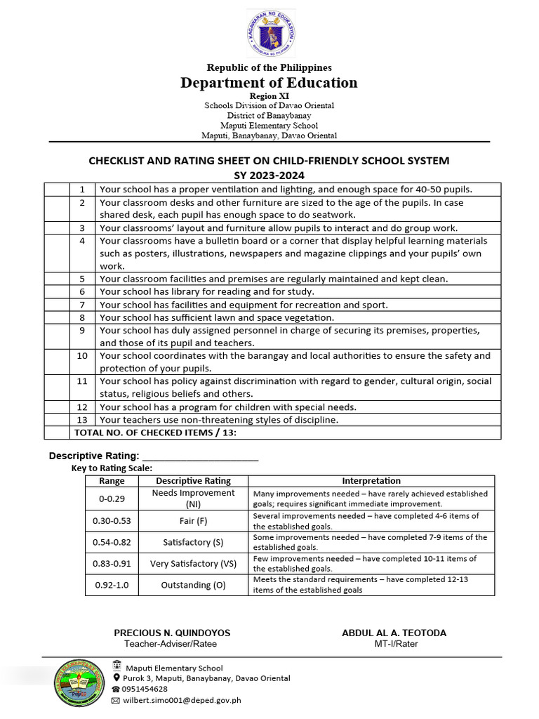 CFSS Checklist Consolidated | Download Free PDF | Classroom