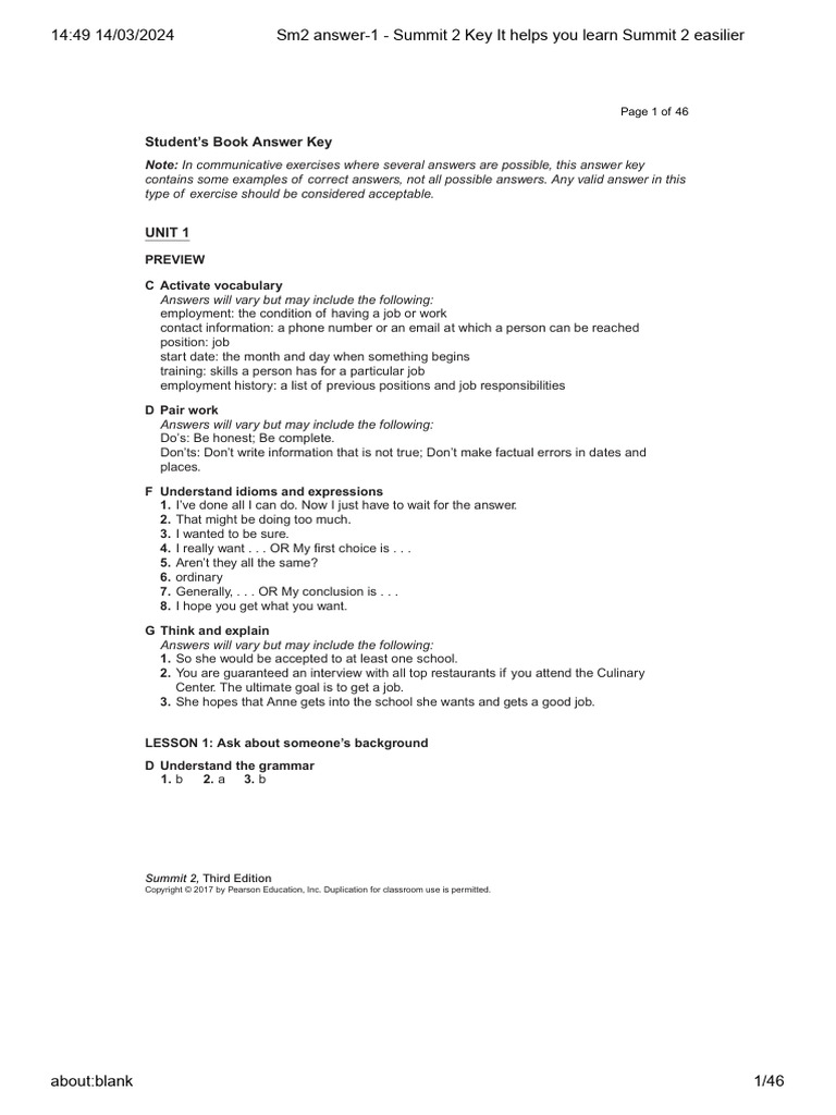 Sm2 Answer 1 Summit 2 Key It Helps You Learn Summit 2 Easilier Pdf
