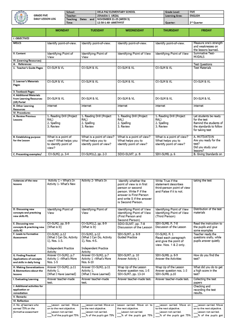 Grade 5 English Lesson Plan | PDF | Narration | Learning