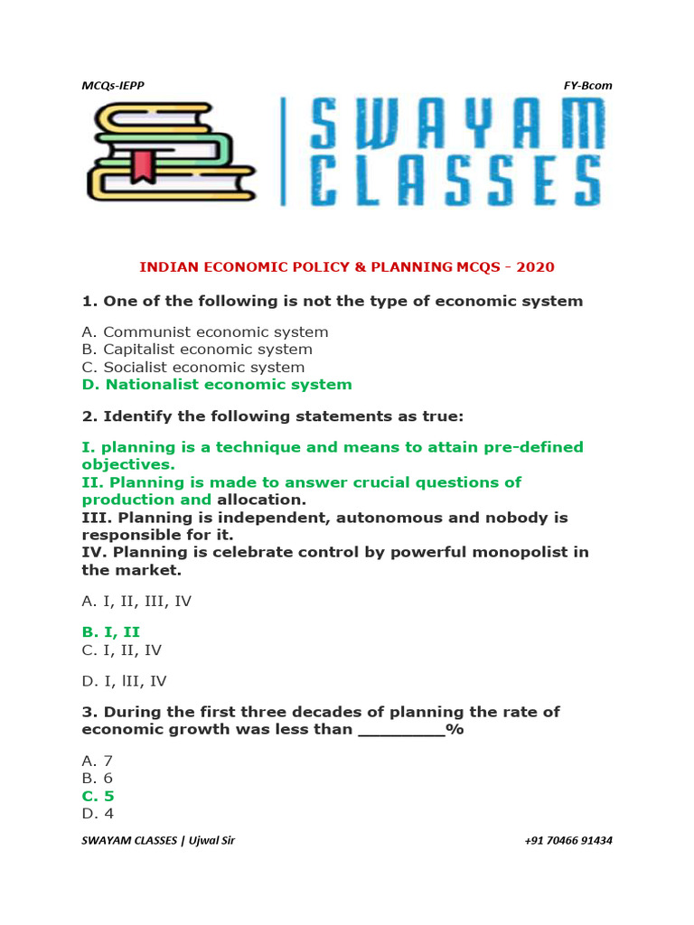Economic Planning MCQs for BCom Students | PDF | Gross Domestic Product ...