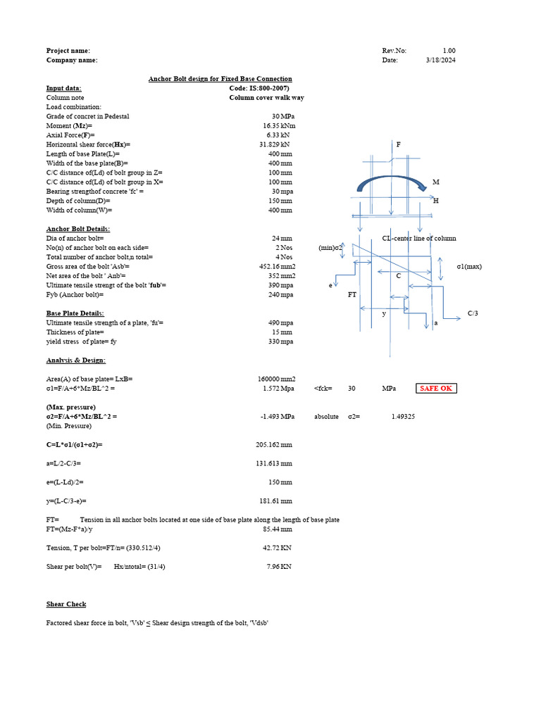 Fixed Base Anchor Bolt Design | PDF | Screw | Strength Of Materials