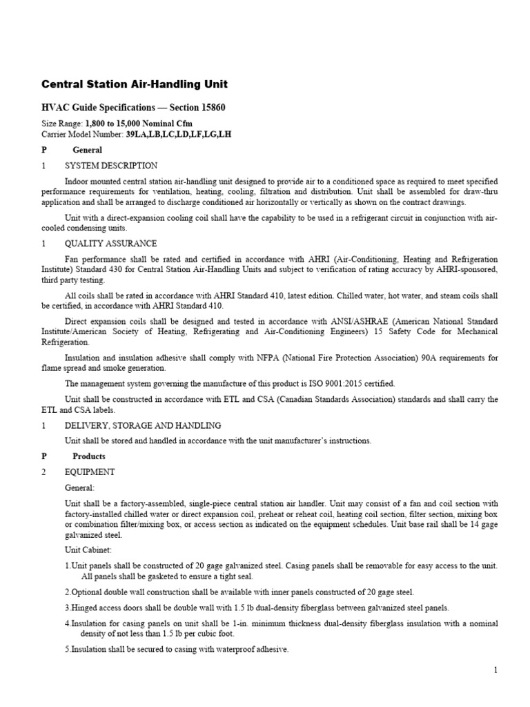 Central Station Air-Handling Unit: HVAC Guide Specifications - Section ...