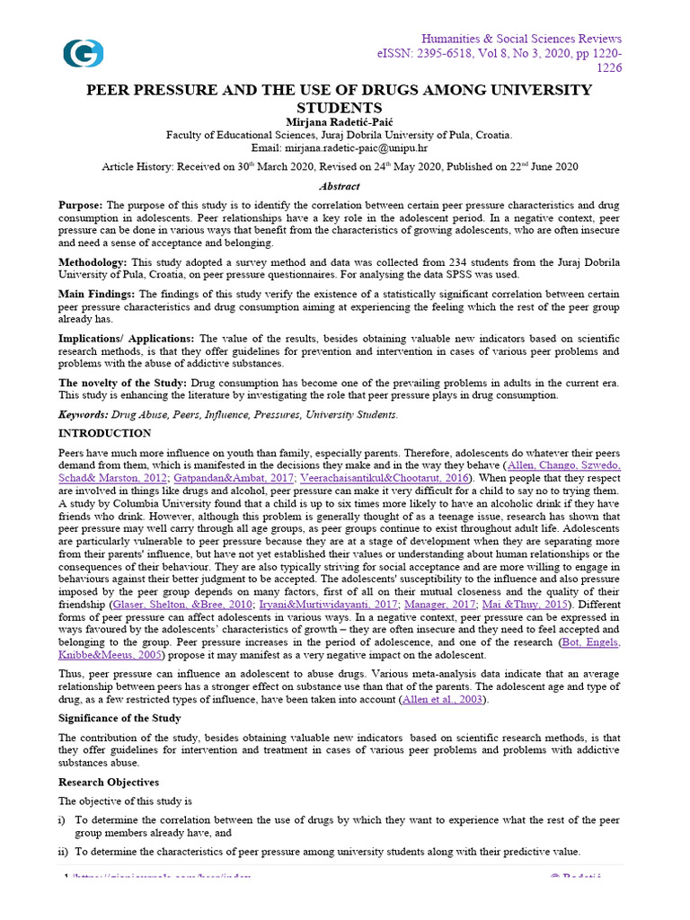 Peer Pressure and The Use of Drugs Among Universit | PDF | Adolescence ...