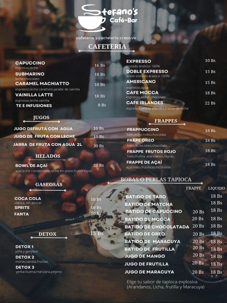 Menú de Bebidas Stefano's Café Bar | PDF | Malteada | Bebida