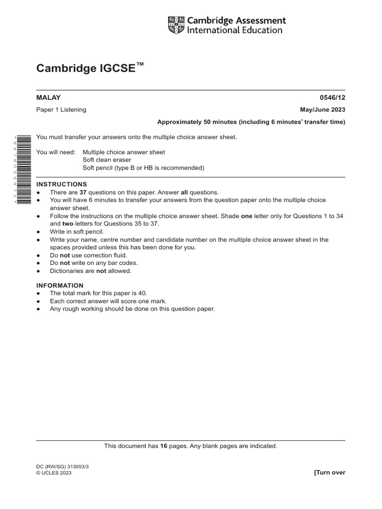 Cambridge IGCSE: MALAY 0546/12 | PDF