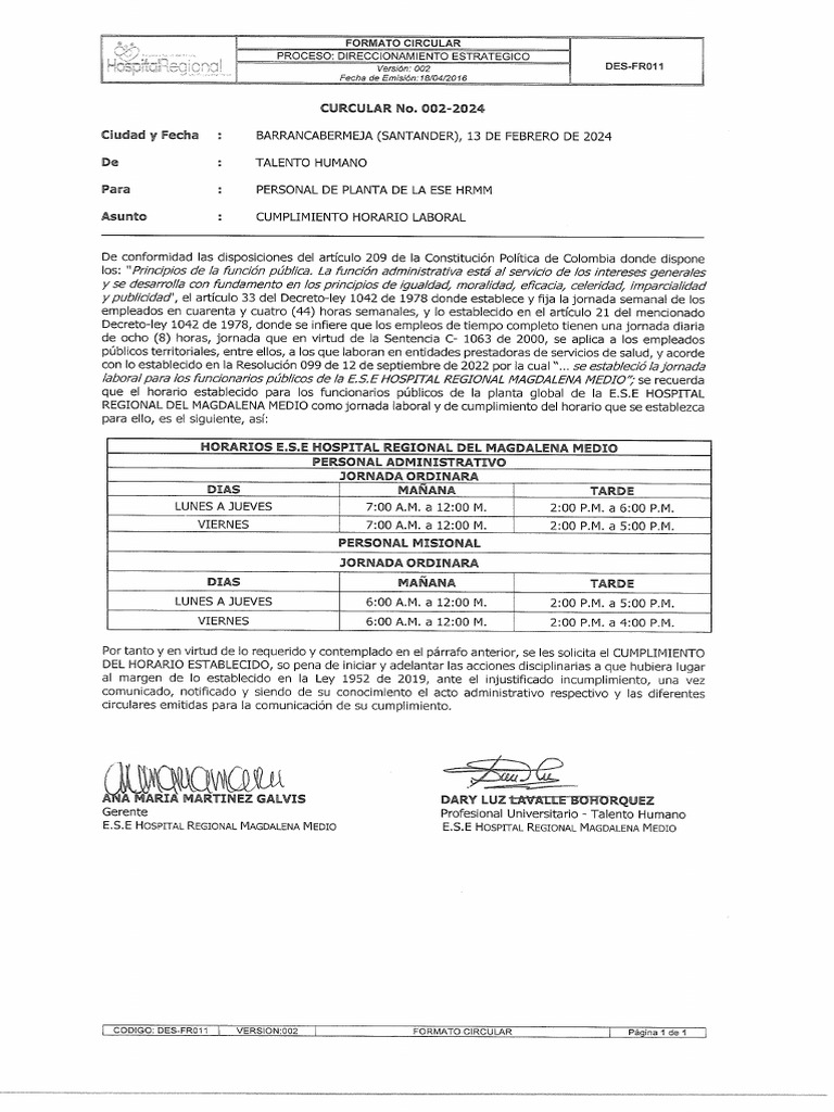 Circular 002 Recordatorio Cumplimiento Horario HRMM Planta | PDF