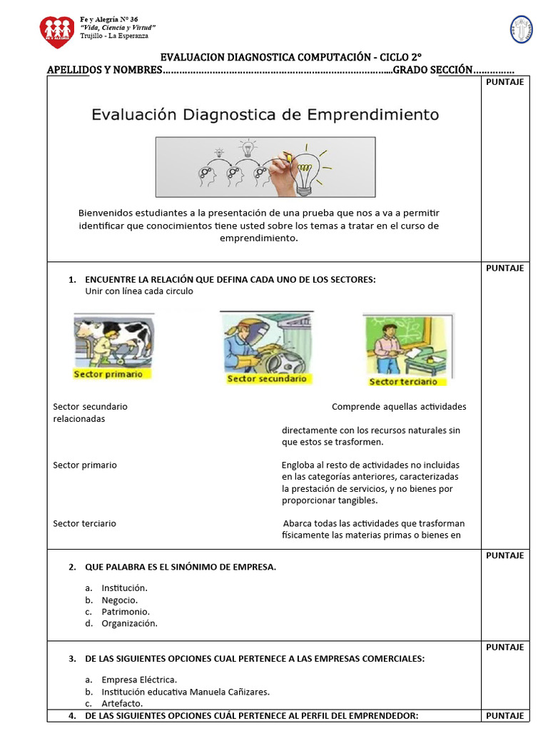 Evaluación Diagnóstica de EPT - 3° - 2024 | PDF | Business | Iniciativa empresarial
