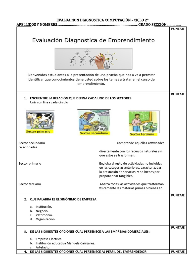 Evaluación Diagnóstica de EPT - 2° - 2024 | PDF | Business | Iniciativa empresarial