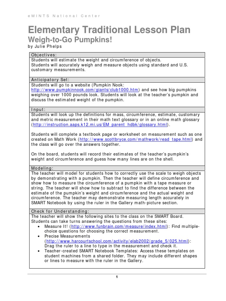 Elementary Traditional Lesson Plan: Weigh-to-Go Pumpkins! | PDF ...