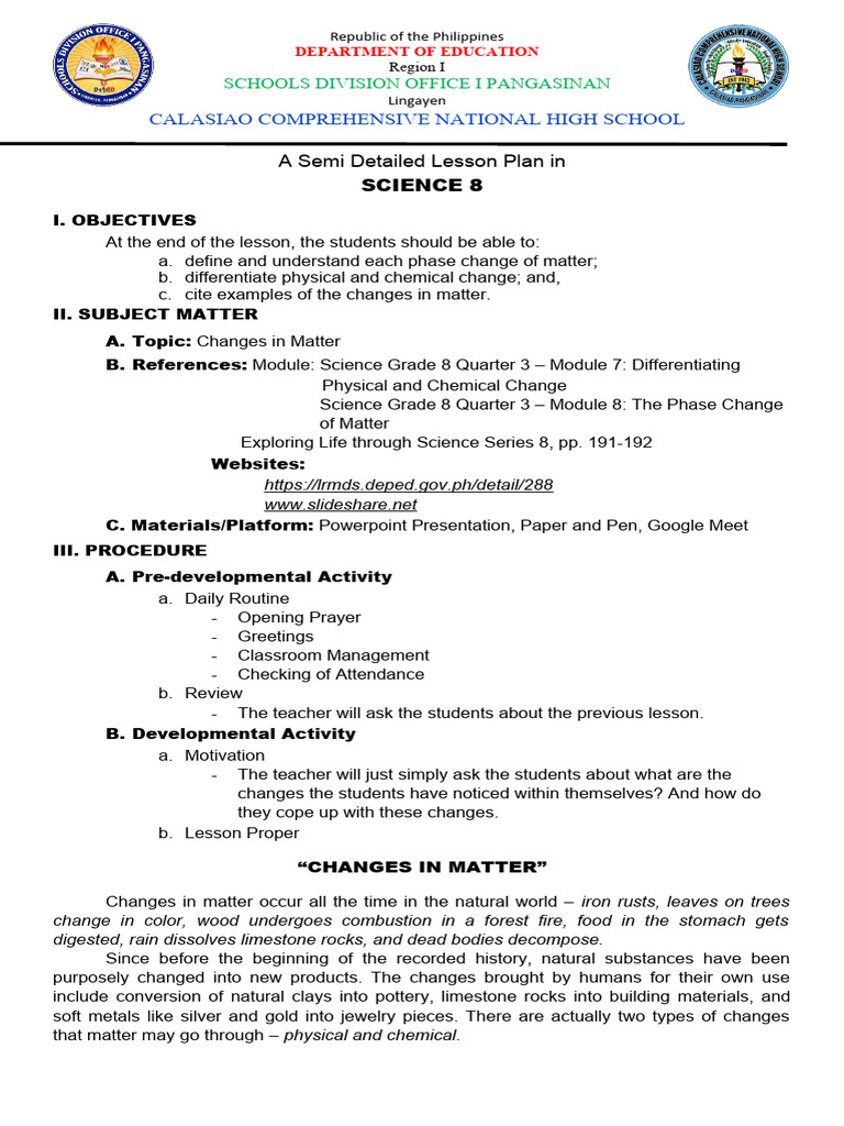 A Semi Detailed Lesson Plan in Science 8 Changes in Matter | PDF ...