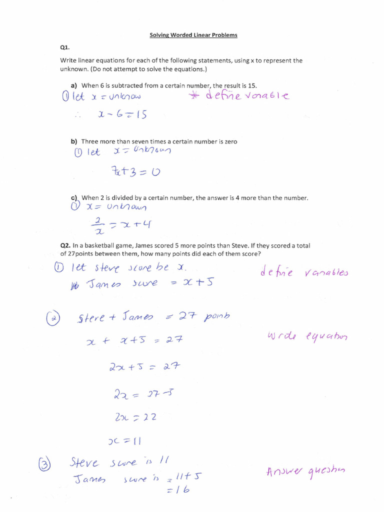 Solving Worded Linear Problems Solutions (Notes) | PDF